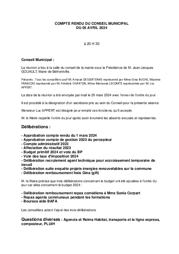 2024 CPTE RENDU DU CM DU 05 AVRIL 2024 CORRIGE – Vivre à Bétheniville